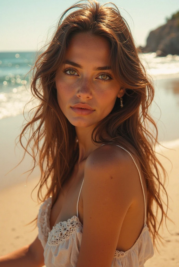 Honey-eyed brunette woman on the beach - SeaArt AI