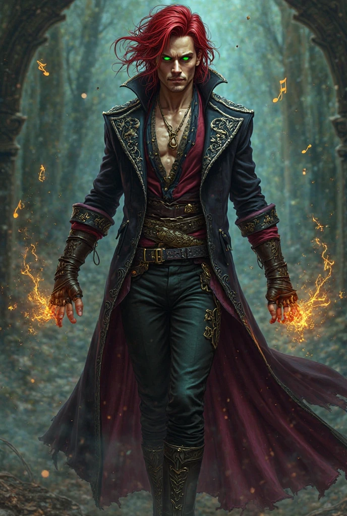 Male fantasy bard mage, mid-30s, lean and charismatic build, inspired ...
