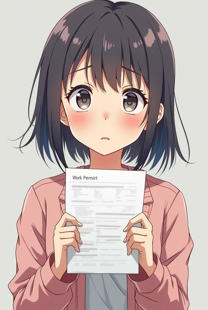 Create an anime character holding a work permit with a worried ...