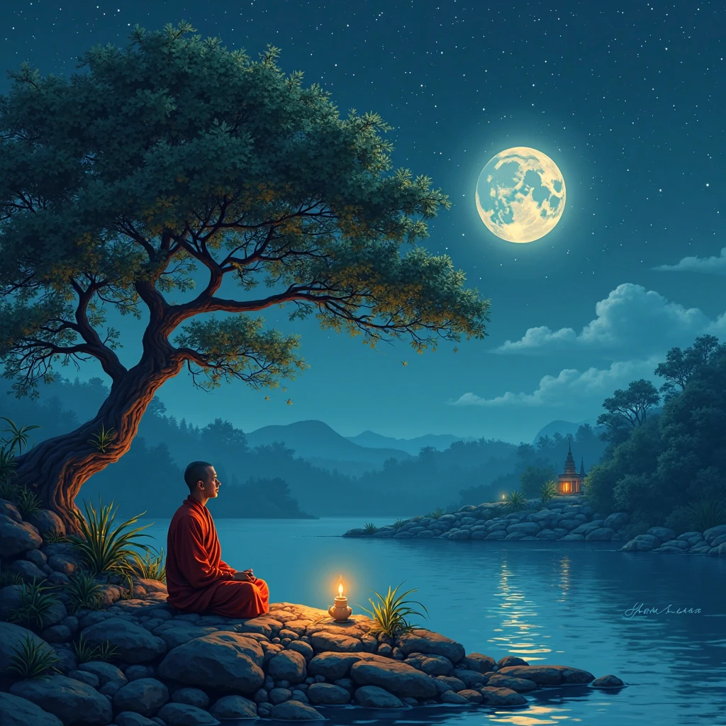 Buddha statues, Bodhi tree, monk, riwer ,Highlight the moon and a ...