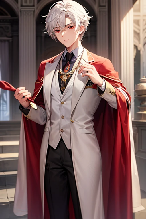 A handsome young wizard, his hair is medium and white with red eyes ...