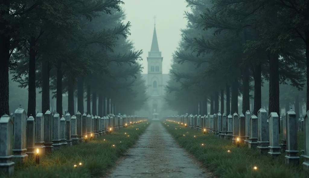 A long, straight path through a cemetery at twilight. Numerous ...