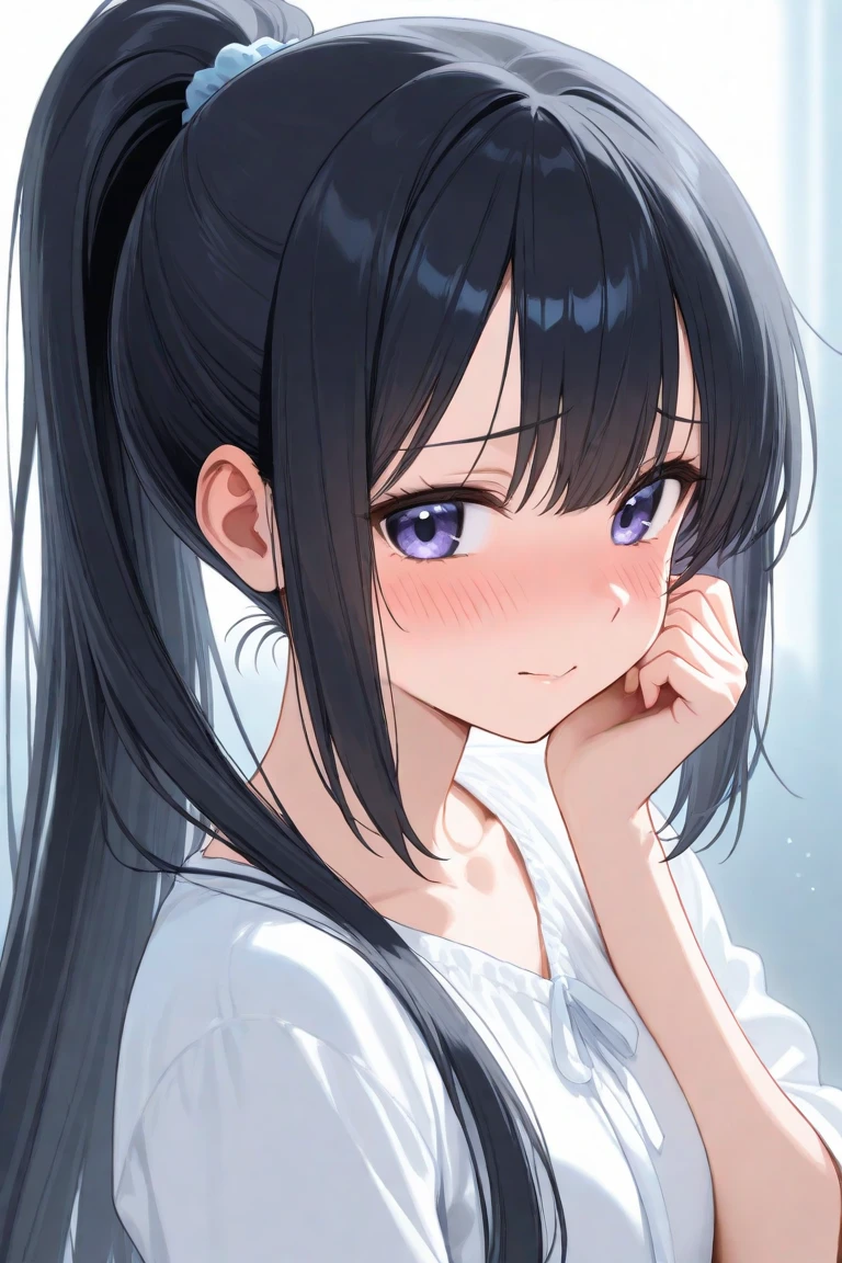 A anime girl cute, shy face, ponytail hair, black hair, loose long hair ...