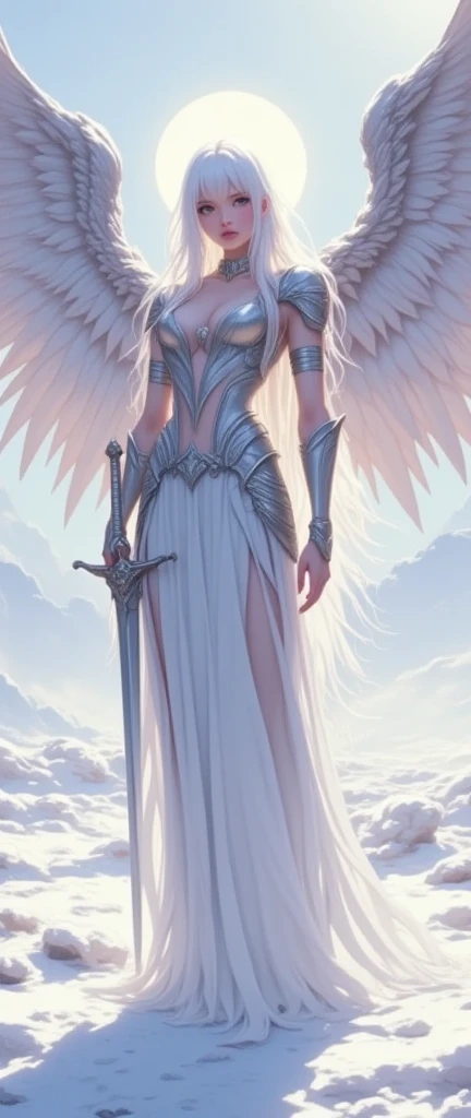 The figure of a young, beautiful angel girl with large blue and white ...