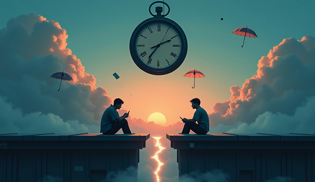 A surreal cinematic painting. Two people sit at opposite ends of a ...