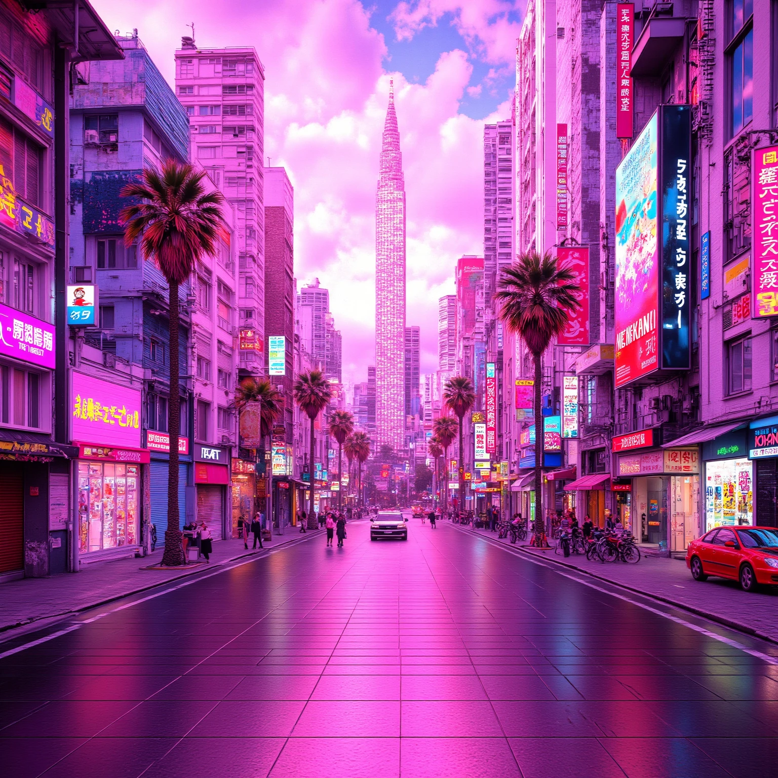 A surreal vaporwave cityscape bathed in soft pink and purple gradients ...