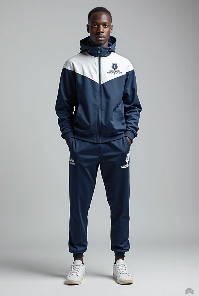 A dark blue and white school tracksuit written durban academy - SeaArt AI
