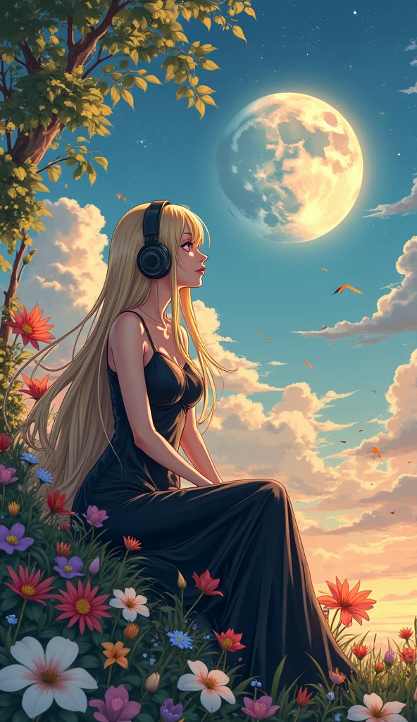 A ager girl sits in garden and watching sky. in background moon and ...