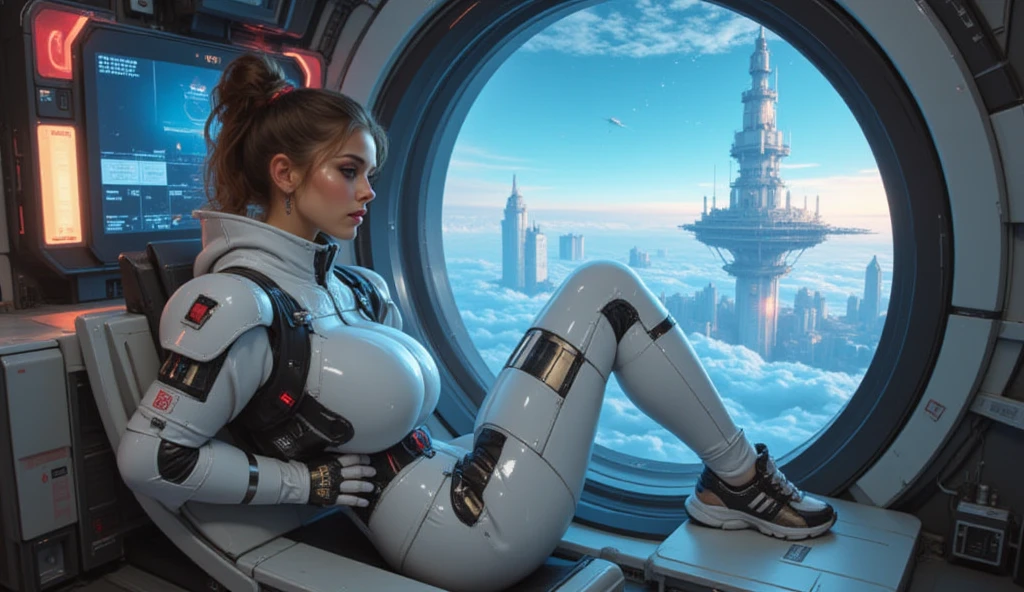 A group beautiful young female android in a sleek white and silver exosuit - SeaArt AI