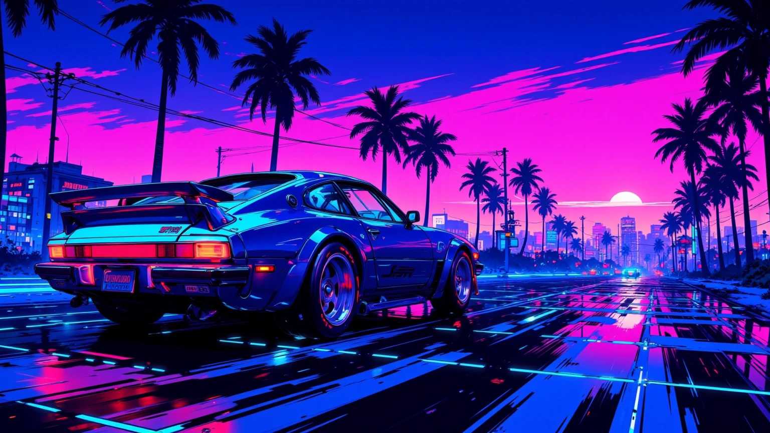 Neon lights are bright pink、Purple、Night view of a futuristic city ...