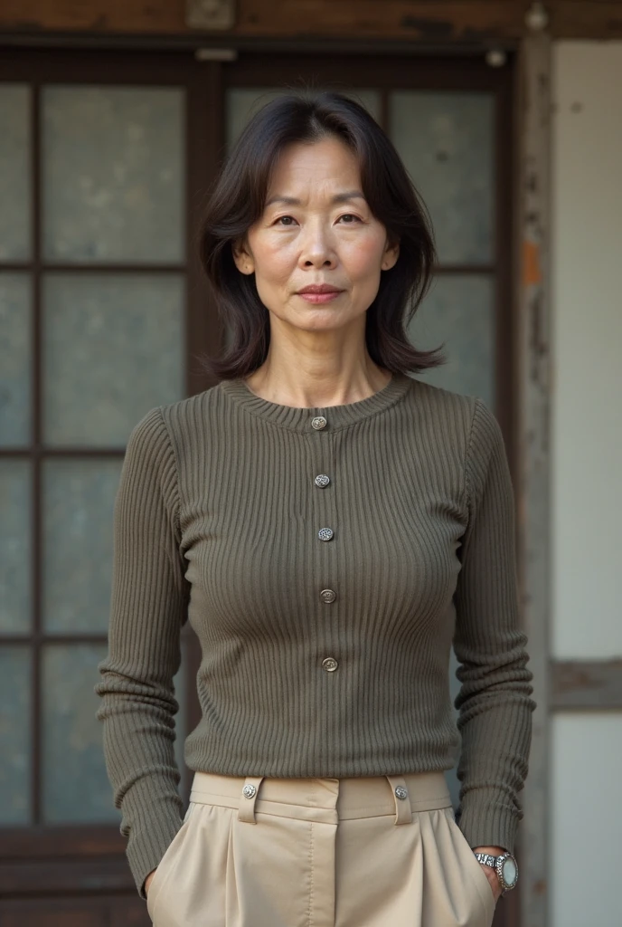 60-year-old japan woman shoulder-length hair dark brown , large sagging ...