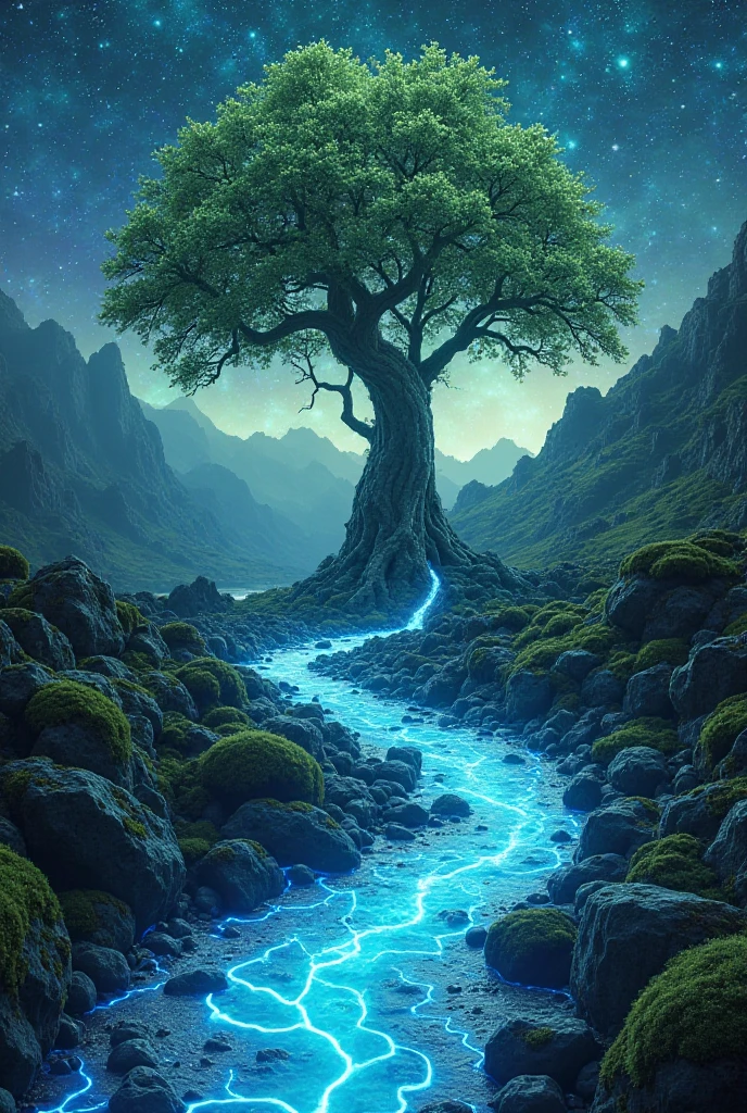 A mystical tree with glowing electric-blue roots spreading into a ...