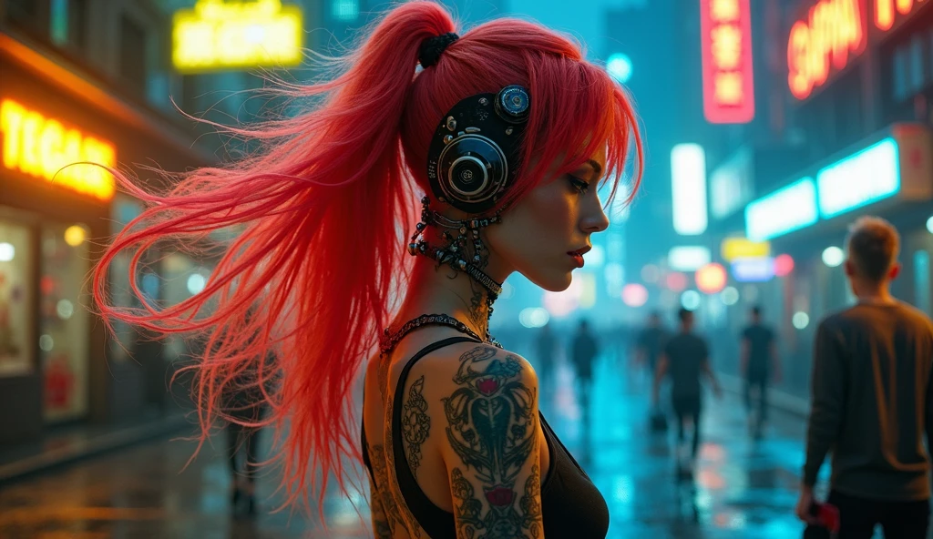 A beautiful woman with flowing neon punk red hair, with parts of her ...