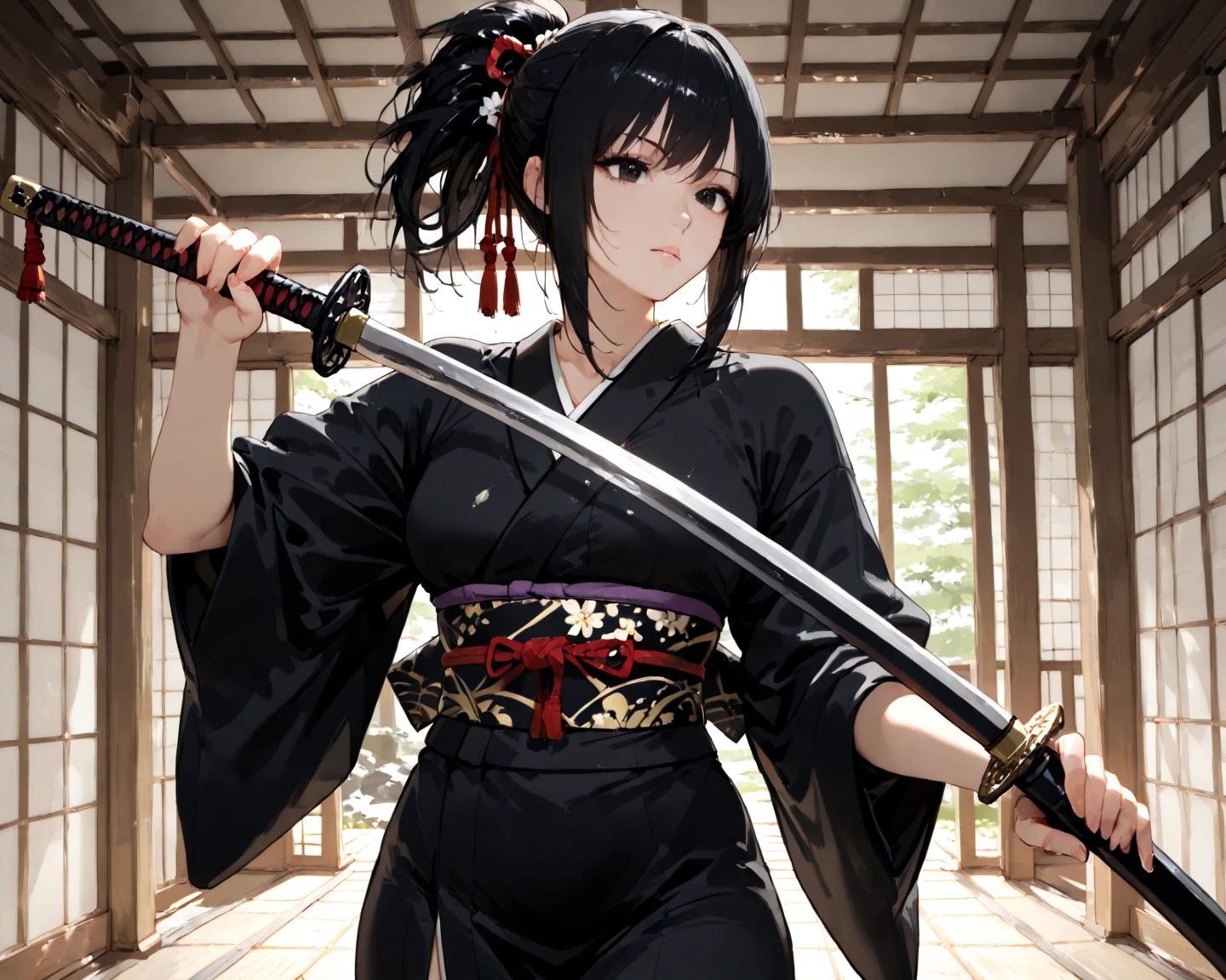 A woman's swordsman holds her katana and is wearing a black kimono ...