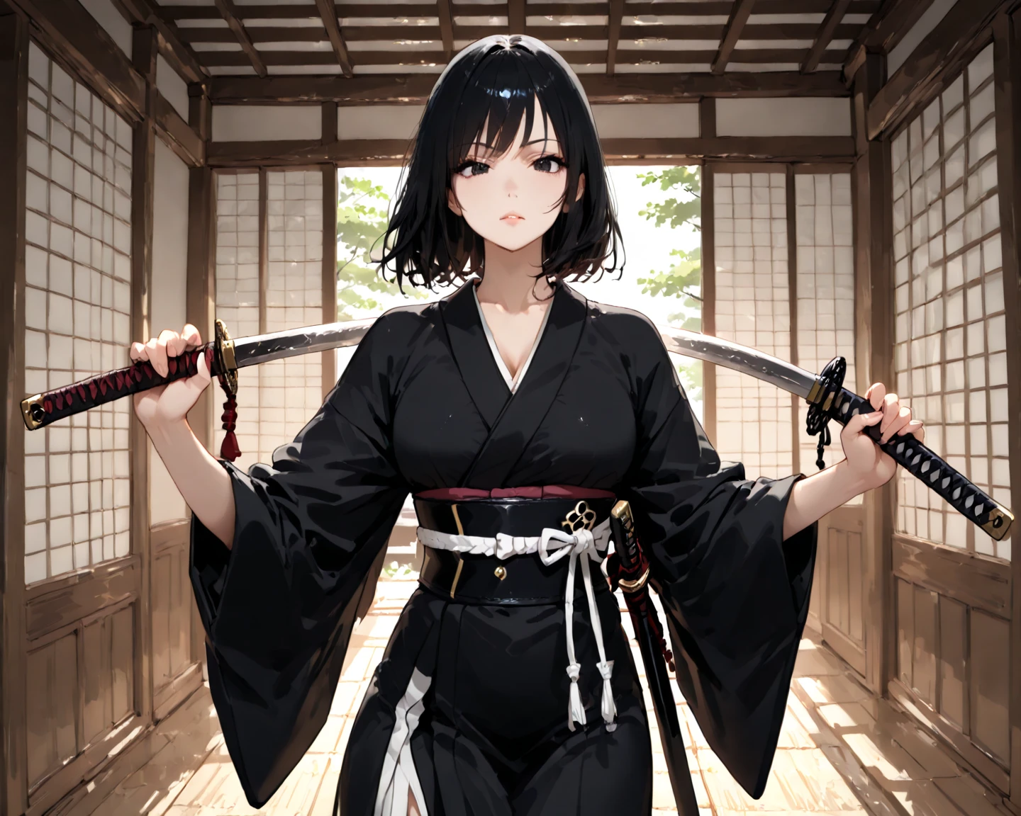 A woman's swordsman holds her katanas and is wearing a beautiful black ...