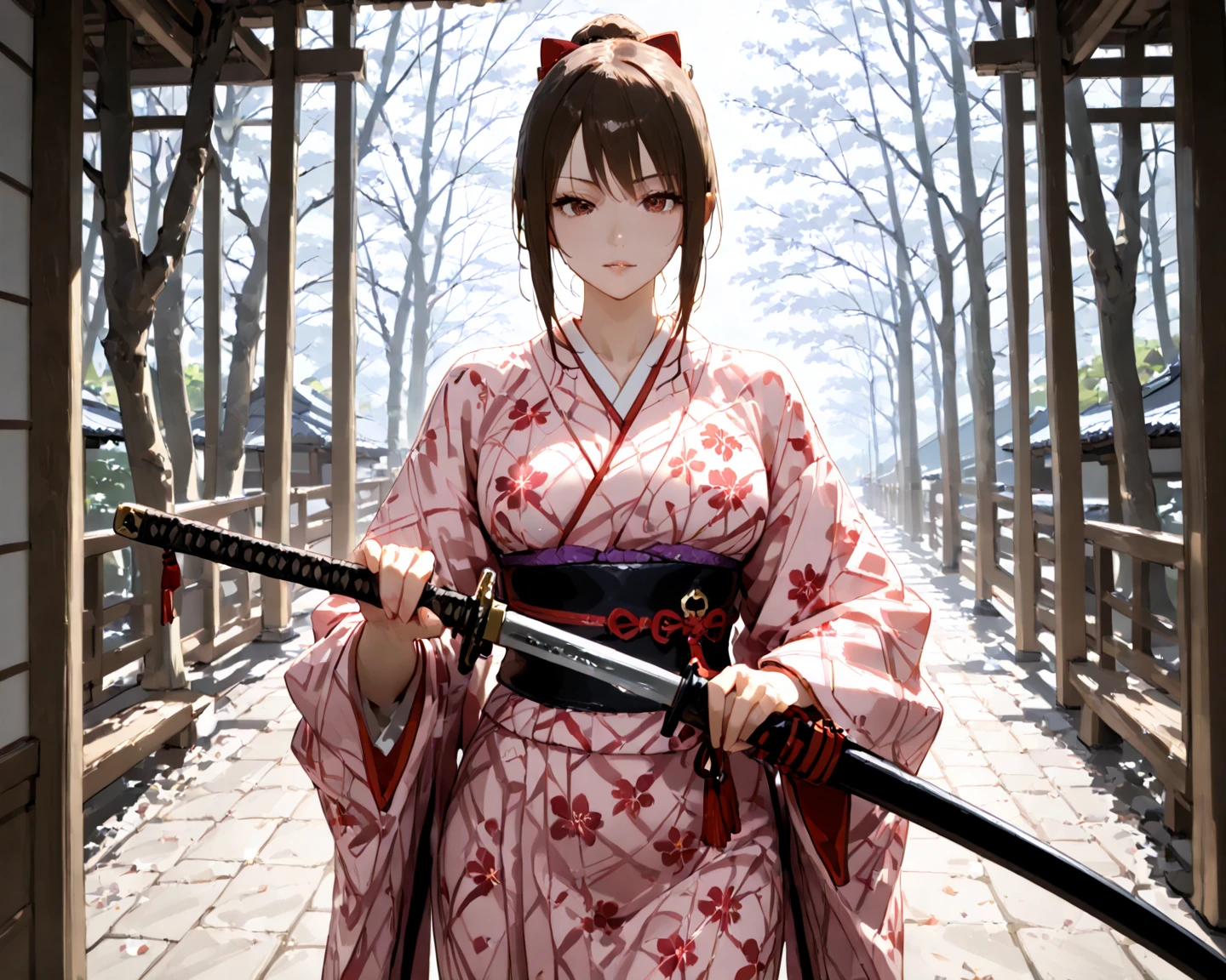 A woman's swordsman holds her sheath katanas and is wearing a beautiful ...