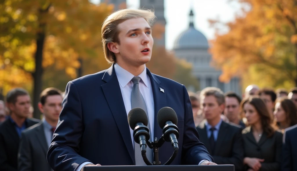 Hyperrealistic image of Barron Trump in a historic Boston park - SeaArt AI