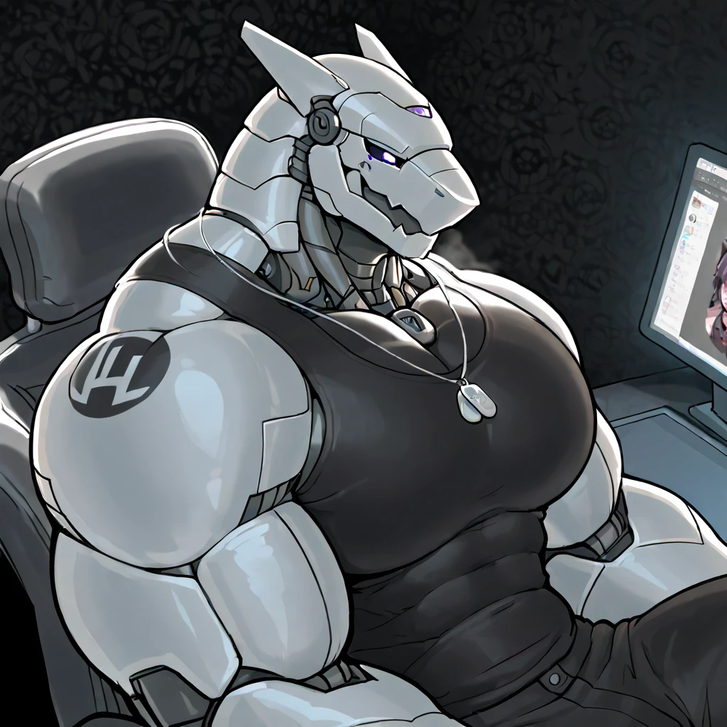 Handsome adult and muscular male robot, monitor sitting in a gamer ...