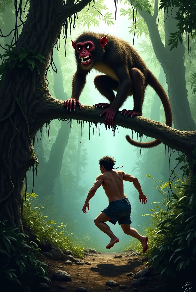 Give me a pic of a scary tow monkey sitting on a tree branch in a scary ...