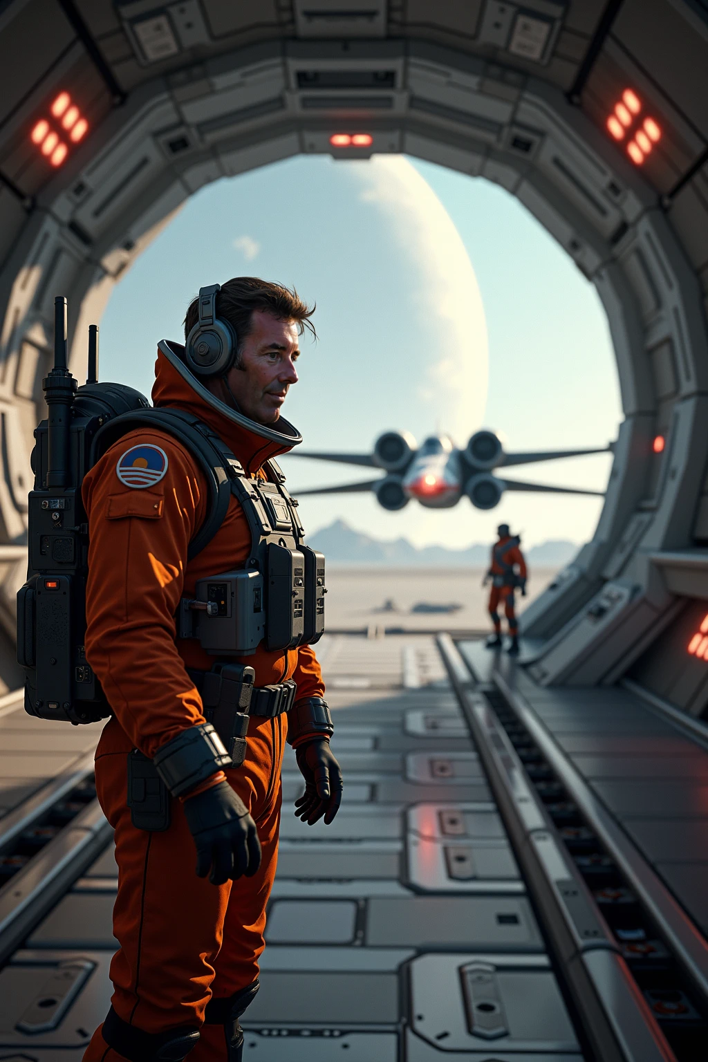 Star Wars cinematic setting, X-wing pilot preparing to board his X ...