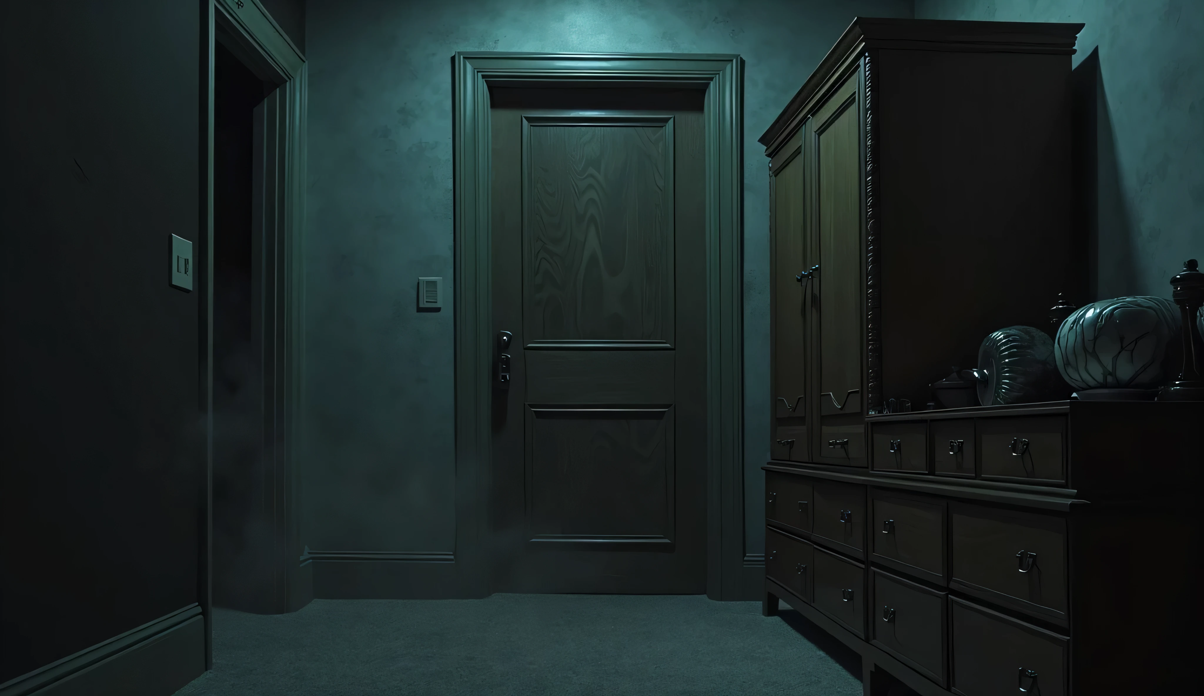 A bedroom door at night, seen from inside the room. A large dresser is ...