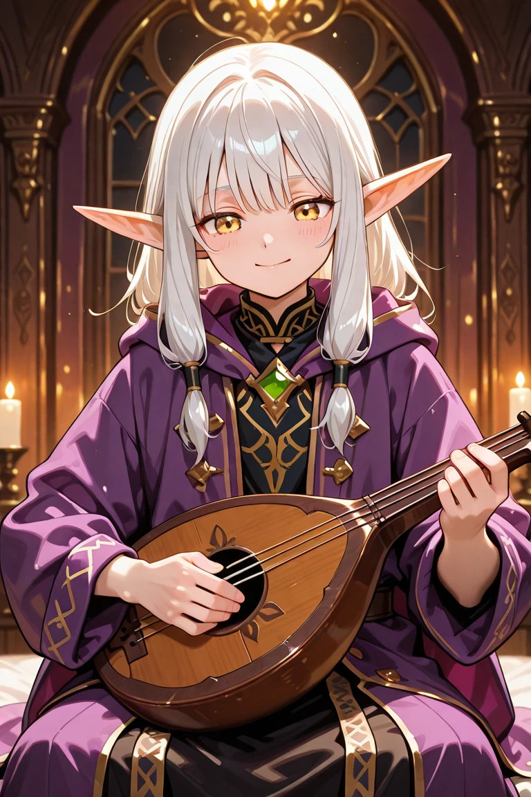 Young cheerful male, high elf, bard, anime style, playing lute - SeaArt AI
