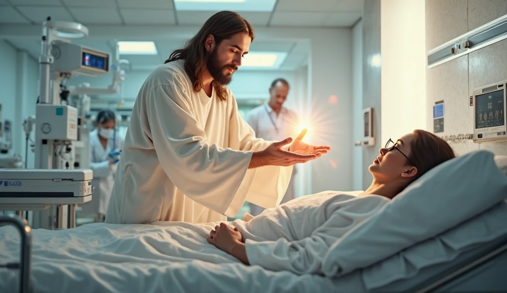 Generate an image of Jesus Christ healing the sick on a hospital bed in ...