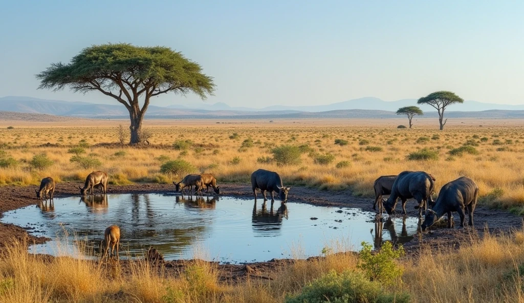 In the wide open field with scattered bushes and tall trees, a serene ...