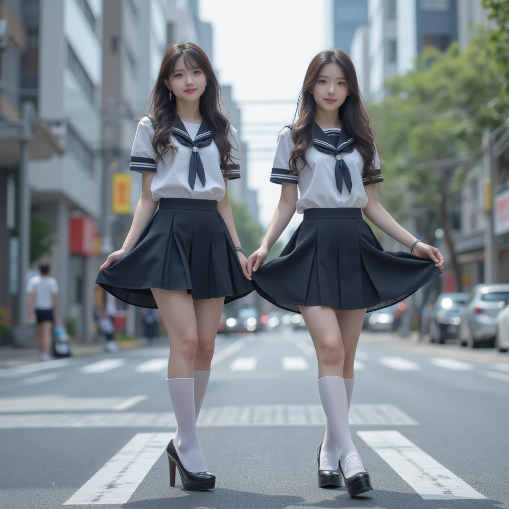 Realistic face, two asian school girls in uniform, lifting up their skirts - SeaArt AI