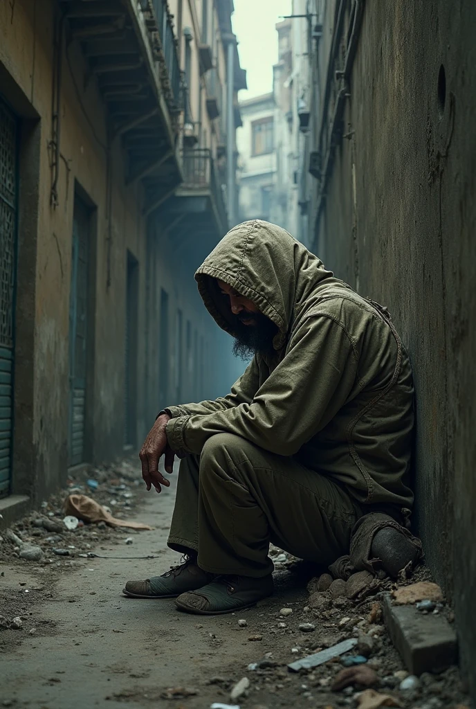 Draw a picture of a homeless person in an alley at the corner of the ...