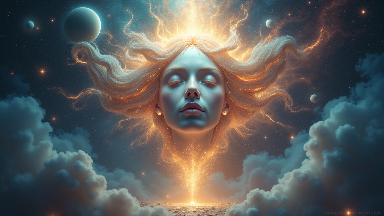 A surreal cosmic face surrounded by planets and galaxies, with streams ...