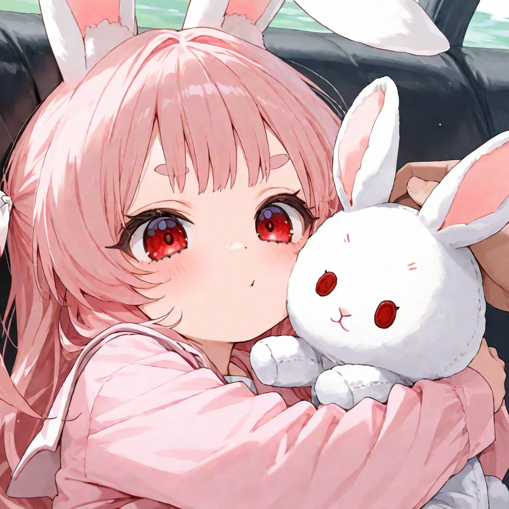 1 girl, pink hair, long rabbit ears, fishing eyebrows, red eyes - SeaArt AI