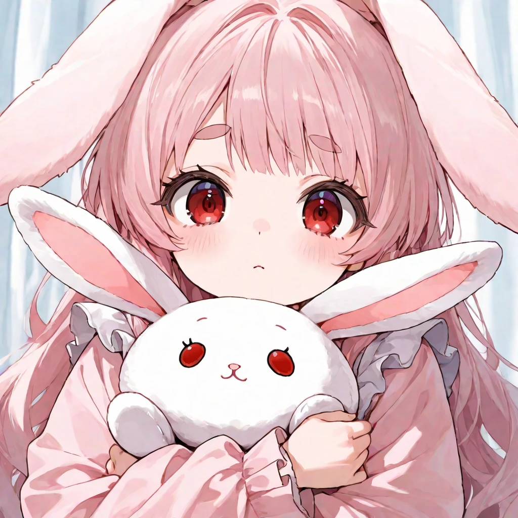 1 girl, pink hair, long rabbit ears, fishing eyebrows, red eyes - SeaArt AI
