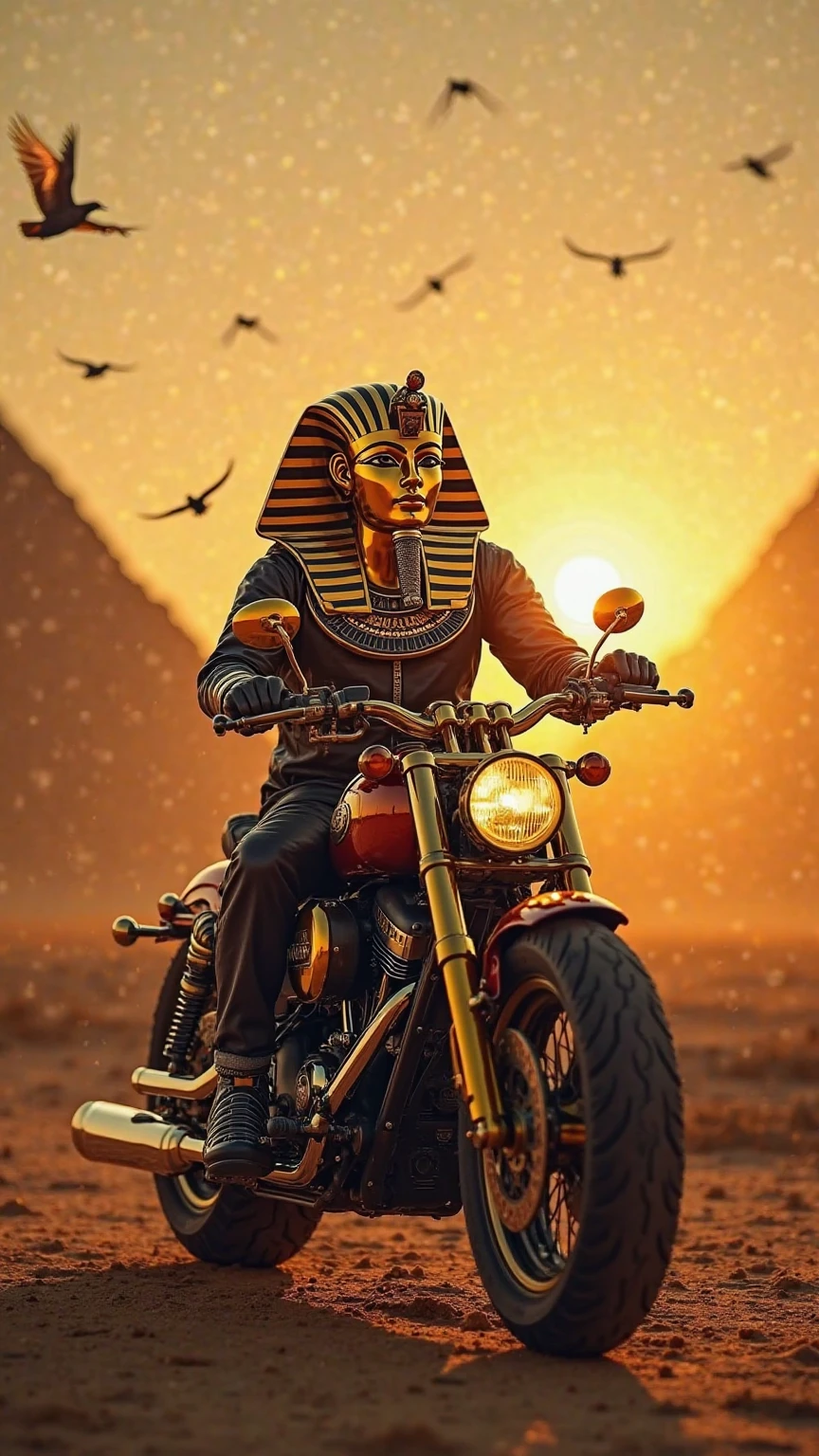 A golden pharaoh's headdress, intricately detailed and resembling a motorcycle h - SeaArt AI