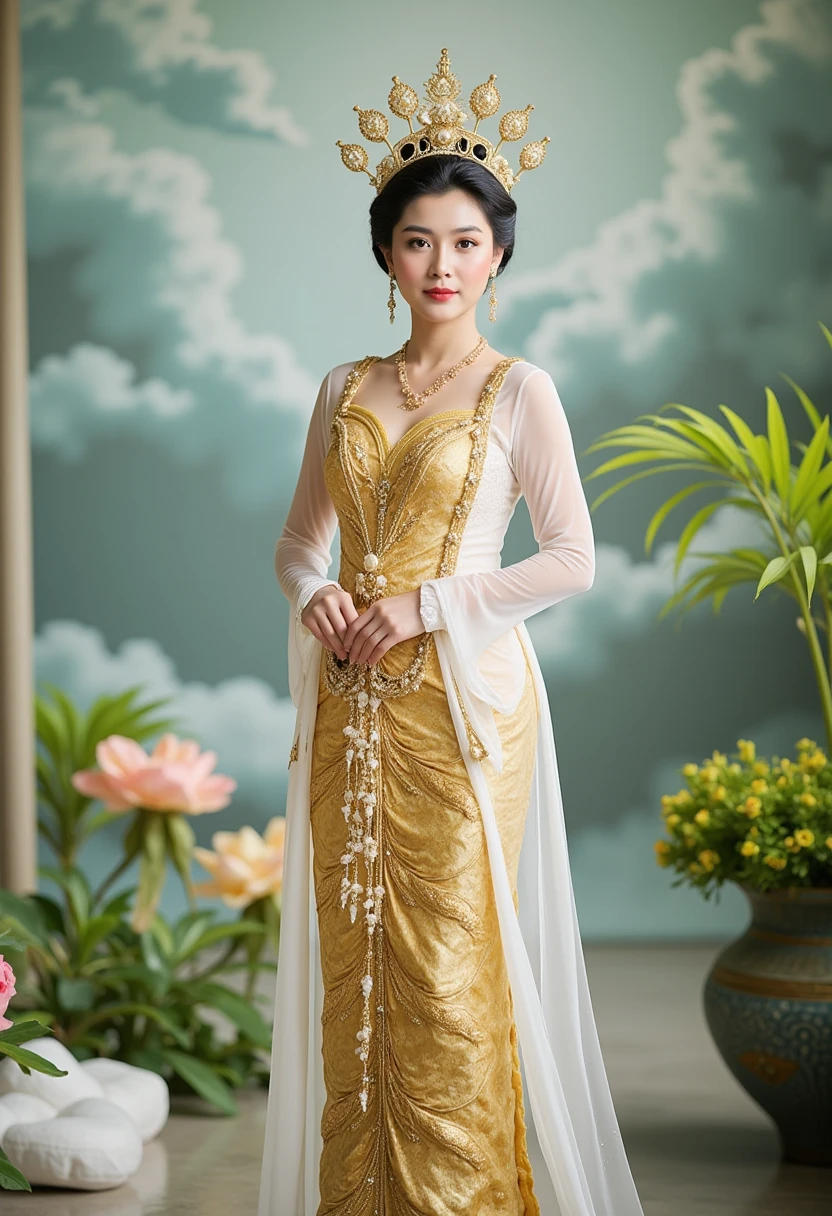 Myanmar queen [wearing gold and white thin Longyi and Htaingmathein ...