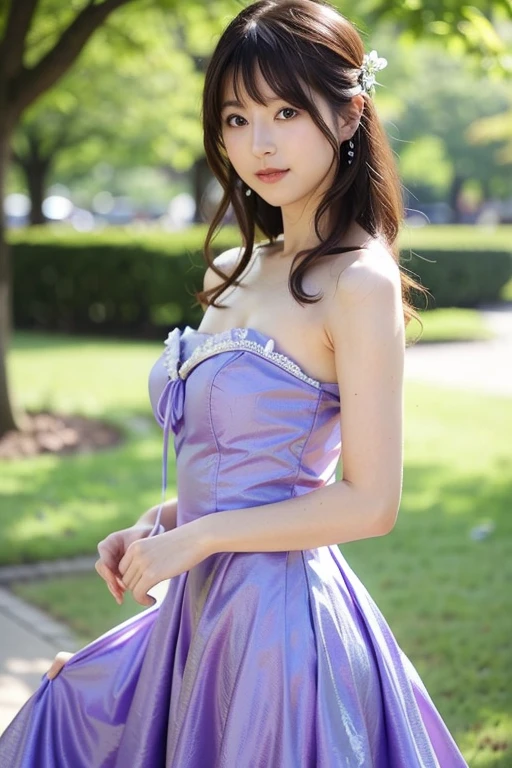 Realistic photo quality、A woman in a purpleのドレス ポーズ for a picture ...