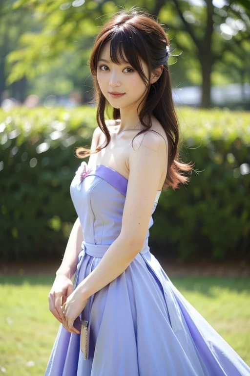 Realistic photo quality、A woman in a purpleのドレス ポーズ for a picture ...