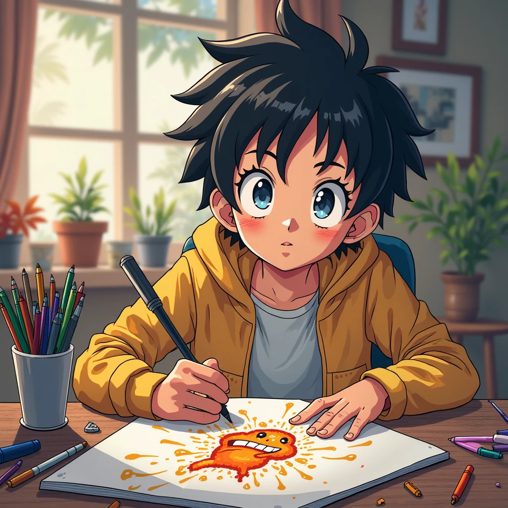A seated cartoonist and a confident person、pen、anime character - SeaArt AI
