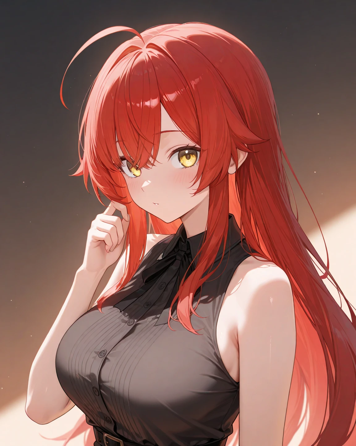 Red Haired Girlyellow Eyeslarge Breastssleeveless Blouseahoge