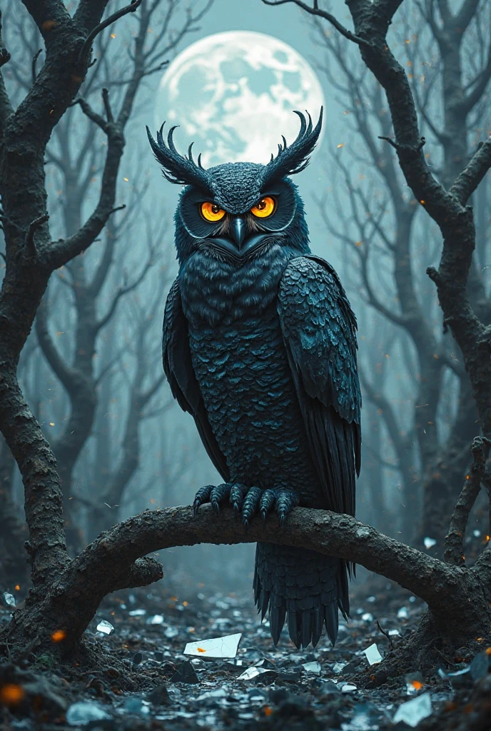 A mystical obsidian owl with a glass-like sheen perched in a haunting ...