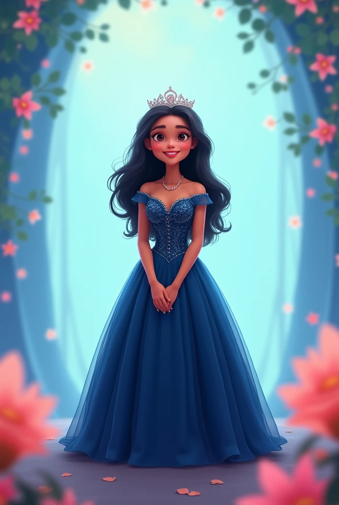 Animated quinceañera on the back with dark blue dress light blue ...