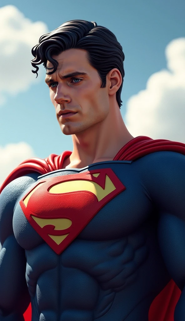 "A realistic close-up, half-body image of Superman. He has a strong ...