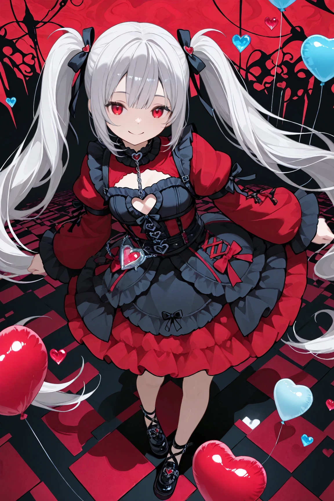 1girl, twin tails, silver hair, sharp red eyes, gothic ta outfit ...