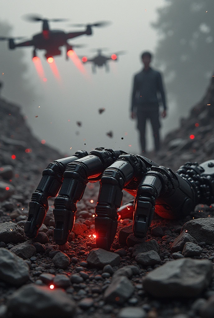 Robotic hand crushed under rubble Skies filled with drones A frightened ...