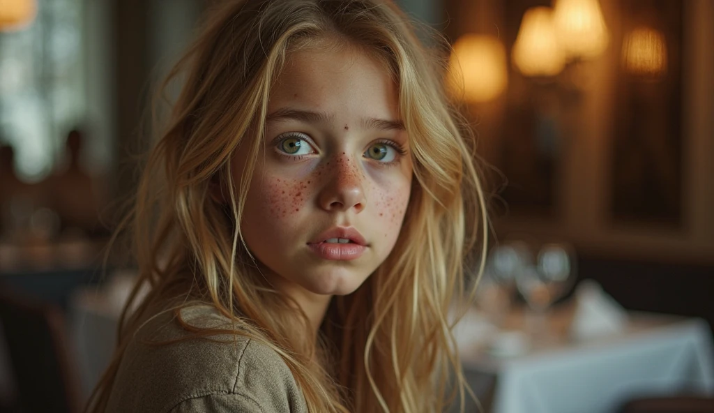 A homeless girl with honey-colored hair and green eyes, staring ...