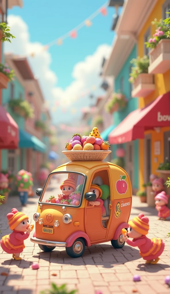 A fun delivery scene where tiny figures load candy fruit boxes into a ...