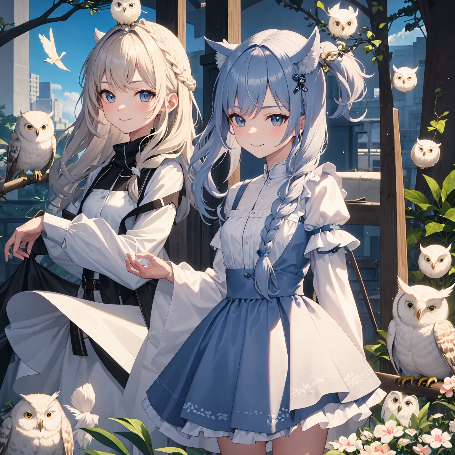 1 girl、cute、has a smirking expression、Owl Ears、There are white owls ...