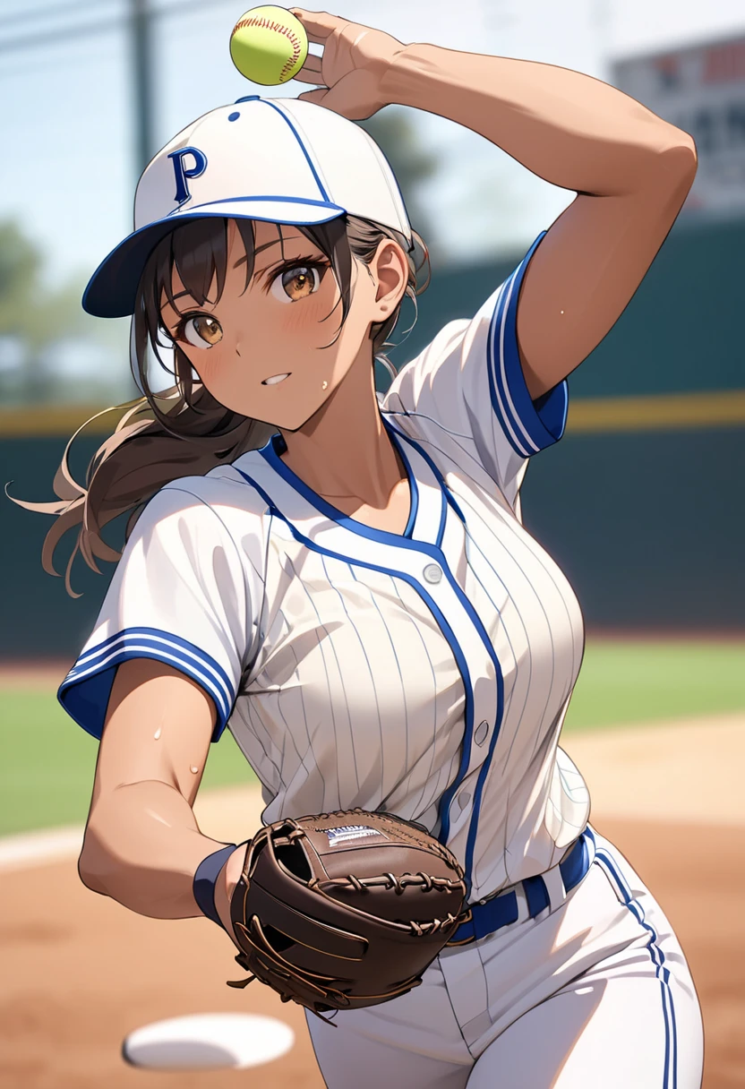Attractive female baseball player, pitcher, Pitching at the viewers ...