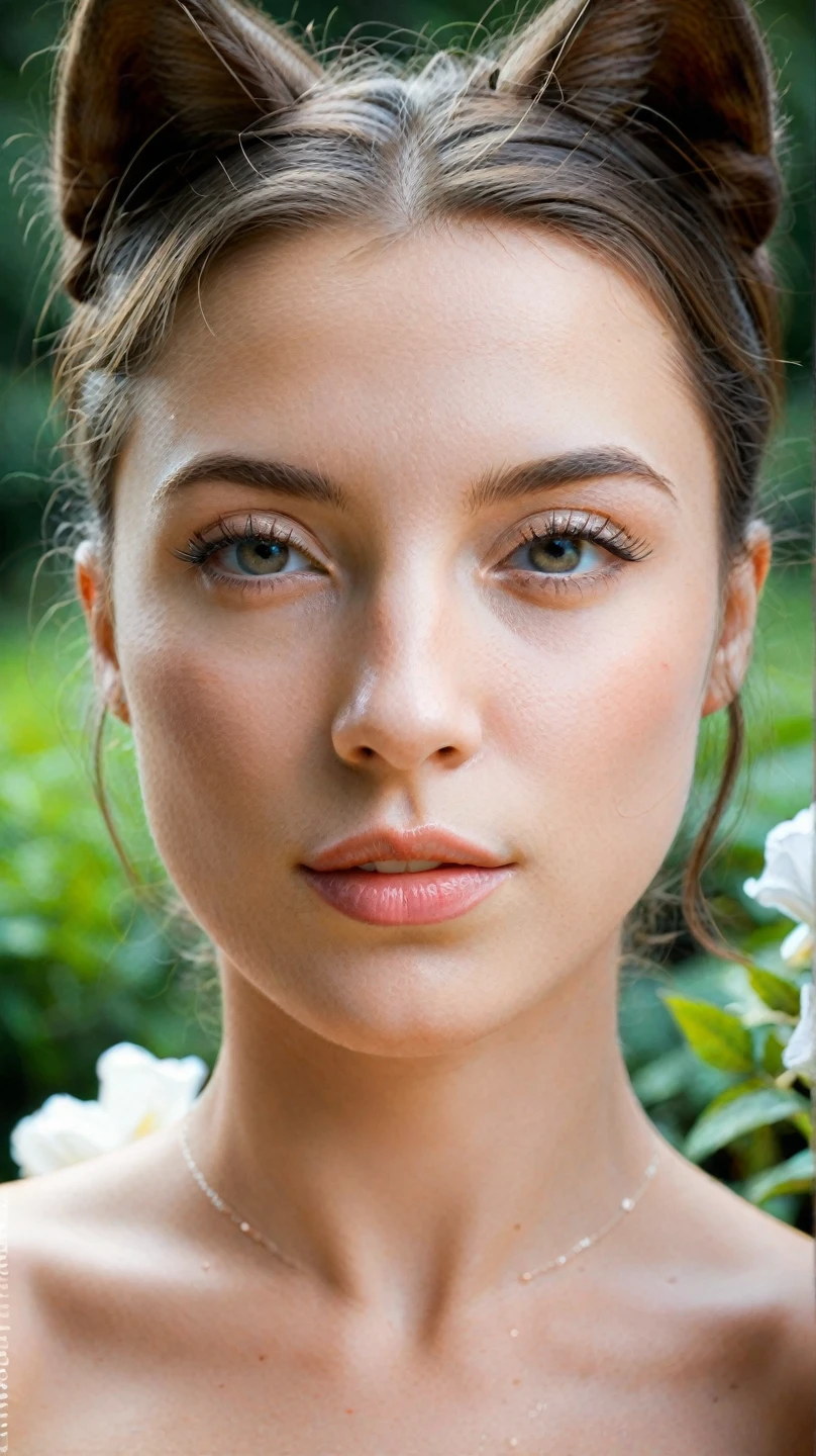 Create a hyper-realistic portrait photo of a female model whose ...