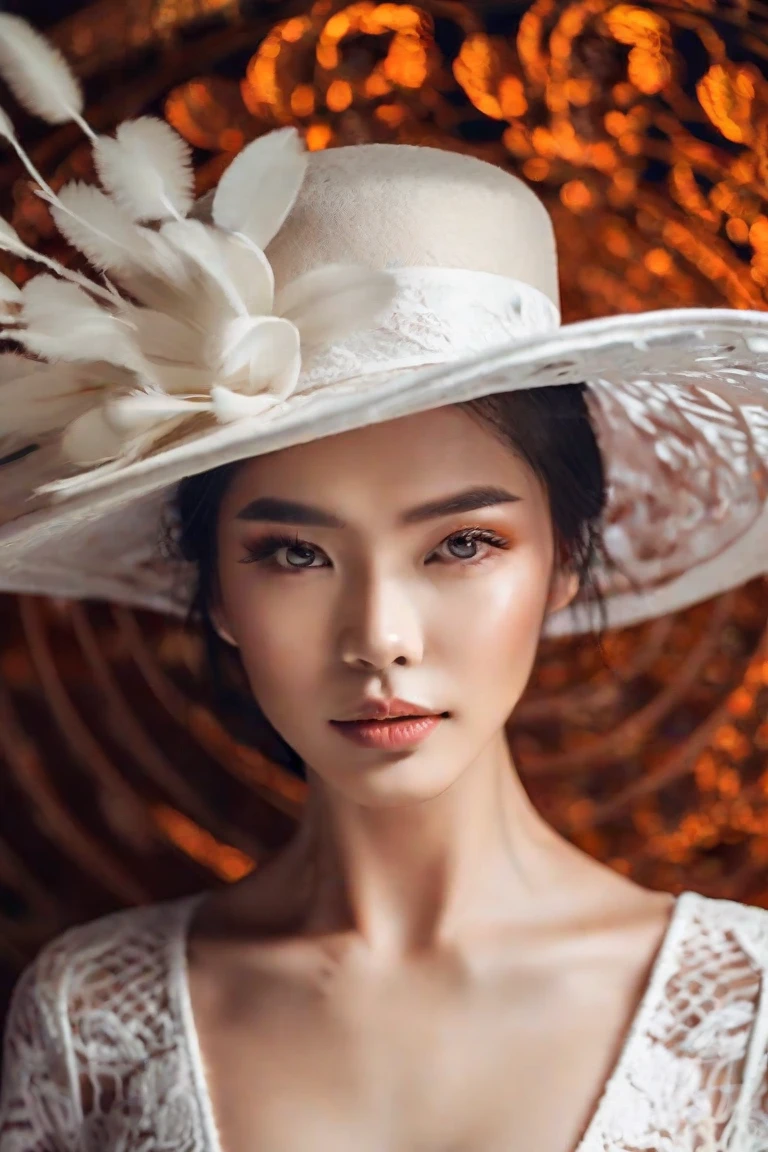 Wgz style women wearing white lace dress with hat, close up portrait - SeaArt AI
